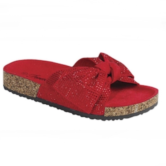 Shoes | Last One Size 6 Embellished Bow Cork Slides In Red | Poshmark
